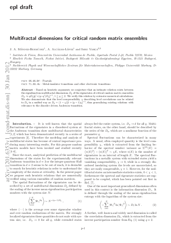 Pdf Multifractal Dimensions For Critical Random Matrix Ensembles