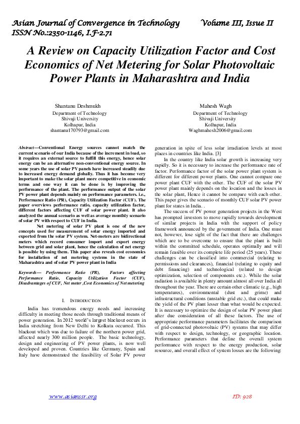 (PDF) A Review on Capacity Utilization Factor and Cost Economics of Net ...