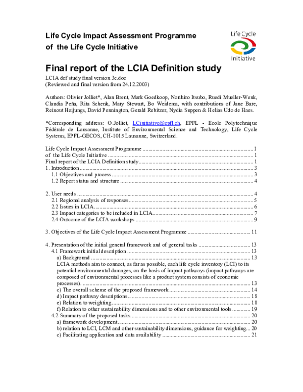 (PDF) Life Cycle Impact Assessment Programme of the Life Cycle ...