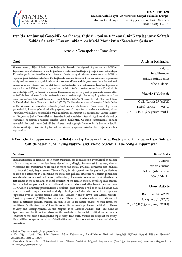 (PDF) İran'da Toplumsal Gerçeklik Ve Sinema İlişkisi Üzerine Dönemsel ...