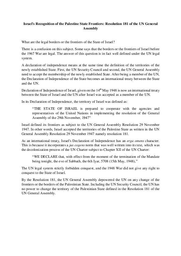 (PDF) Israel's Recognition of the Palestine State Frontiers: Resolution ...