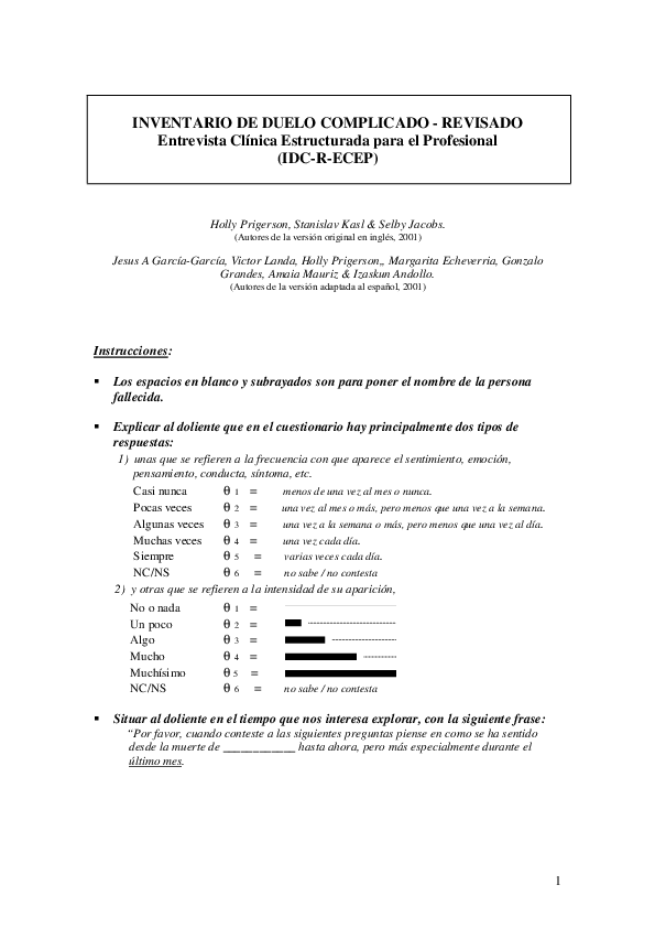(PDF) INVENTARIO DE DUELO COMPLICADO -REVISADO Entrevista Clínica Estructurada para el ...