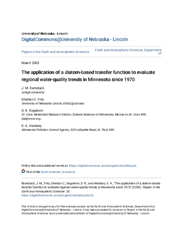 (PDF) The Application of a Diatom-based Transfer Function to Evaluate ...