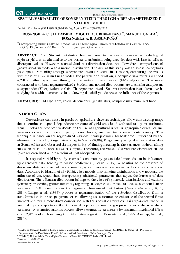 Pdf Spatial Variability Of Soybean Yield Through A Reparameterized T