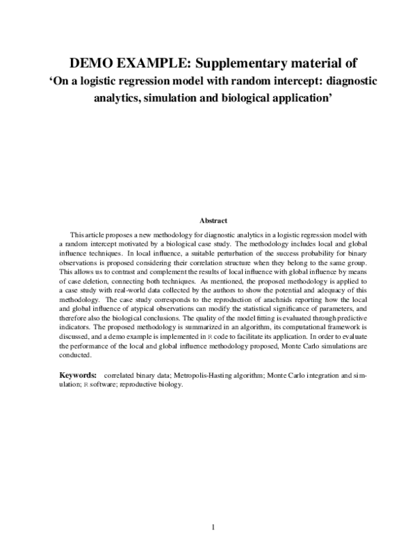 (PDF) On a logistic regression model with random intercept: diagnostic analytics, simulation and ...