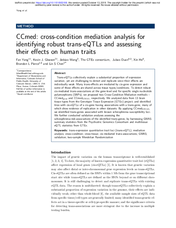 (PDF) CCmed: cross-condition mediation analysis for identifying robust trans-eQTLs and assessing ...