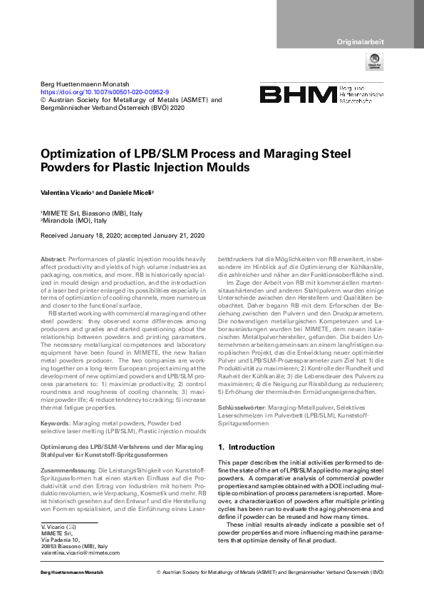 (PDF) Optimization of LPB/SLM Process and Maraging Steel Powders for ...