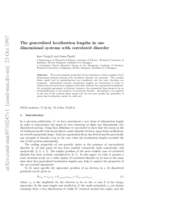 Pdf The Generalized Localization Lengths In One Dimensional Systems