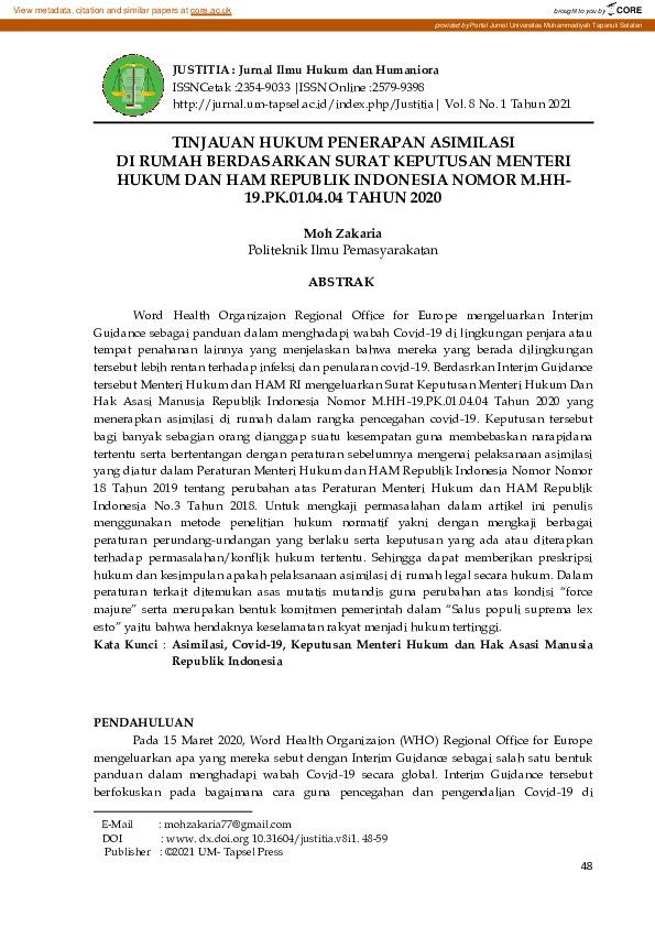 (PDF) Tinjauan Hukum Penerapan Asimilasi DI Rumah Berdasarkan Surat ...