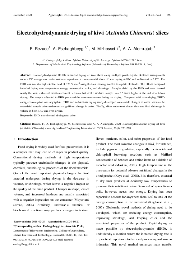 (PDF) Electrohydrodynamic drying of kiwi (Actinidia Chinensis) slices