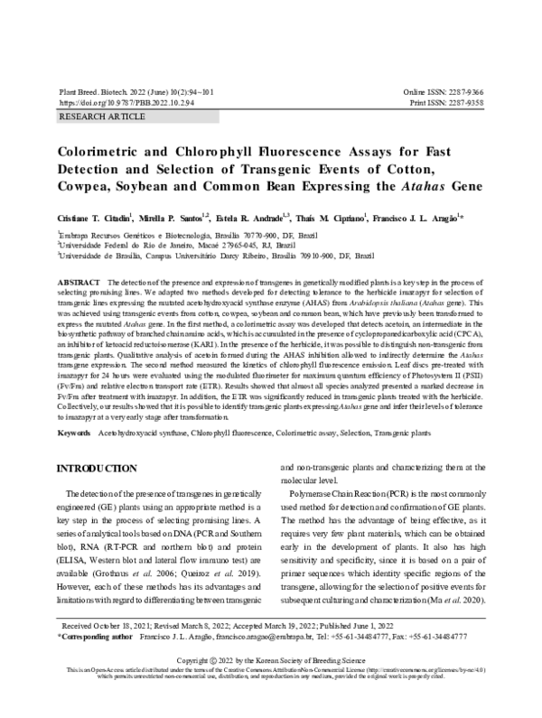 Pdf Colorimetric And Chlorophyll Fluorescence Assays For Fast Detection And Selection Of