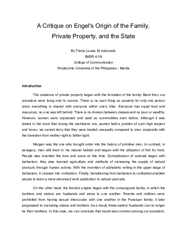 (PDF) A Critique on Engel's Origin of the Family, Private Property, and ...
