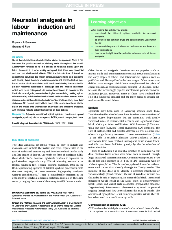 (PDF) Neuraxial analgesia in labour – induction and maintenance