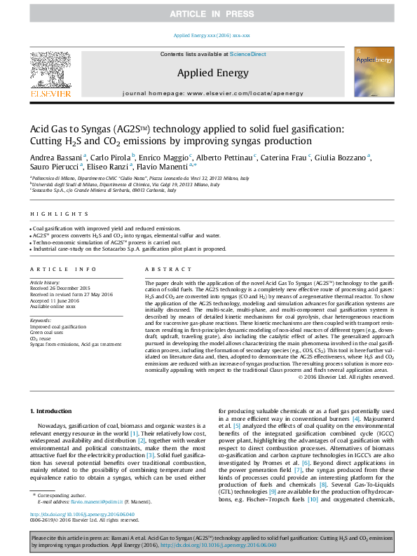 (PDF) Acid Gas to Syngas (AG2S™) technology applied to solid fuel ...
