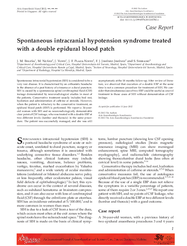 (PDF) Spontaneous intracranial hypotension syndrome treated with a double epidural blood patch