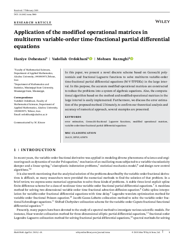 Pdf Application Of The Modified Operational Matrices In Multiterm Variable‐order Time 5686