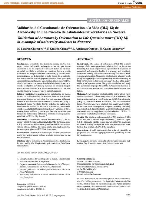 (PDF) Validation of Antonovsky Orientation to Life Questionnaire (OLQ ...