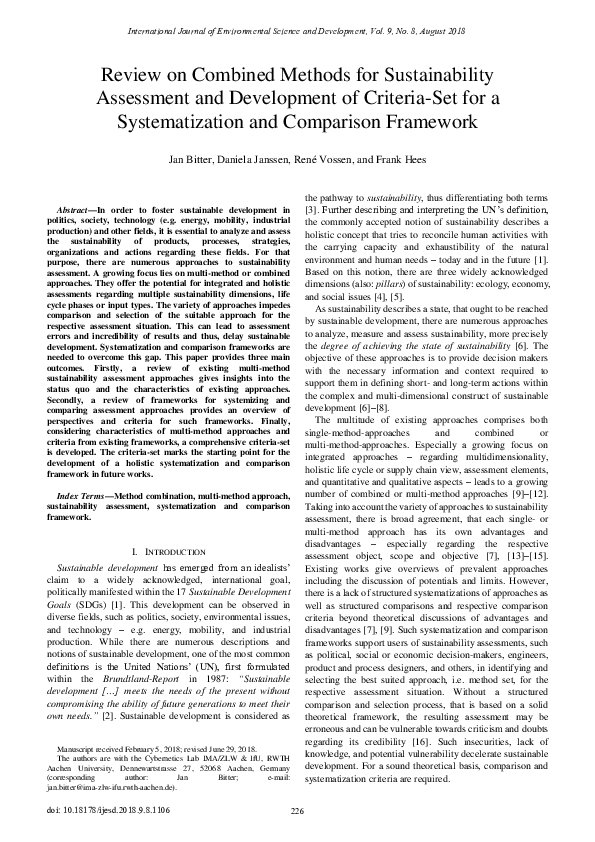 (PDF) Review on Combined Methods for Sustainability Assessment and Development of Criteria-Set ...