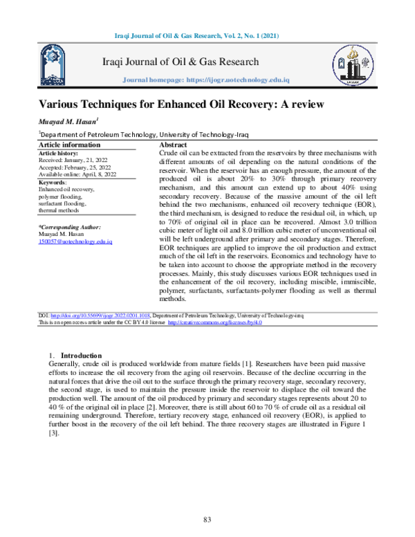 (PDF) Various Techniques for Enhanced Oil Recovery: A review