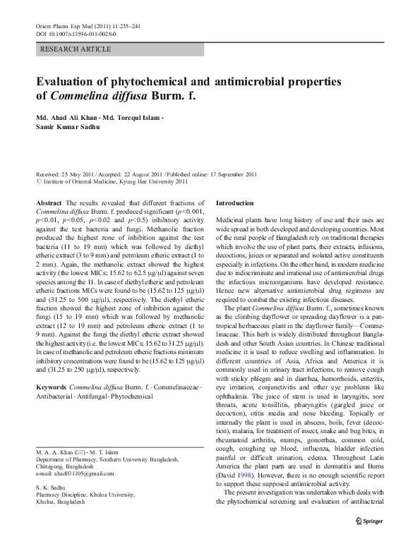 (PDF) Evaluation of phytochemical and antimicrobial properties of Commelina diffusa Burm. f