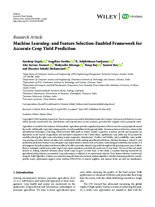 (PDF) Machine Learning- and Feature Selection-Enabled Framework for Accurate Crop Yield Prediction