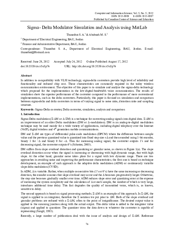 Pdf Sigma Delta Modulator Simulation And Analysis Using Matlab