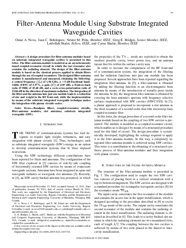 (PDF) Filter-Antenna Module Using Substrate Integrated Waveguide Cavities