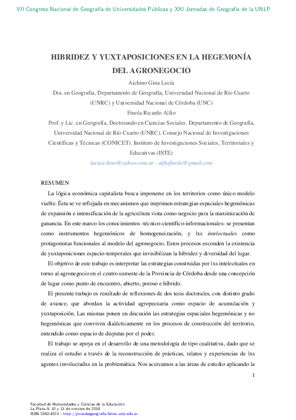 (PDF) Hibridez y yuxtaposiciones en la hegemonía del agronegocio