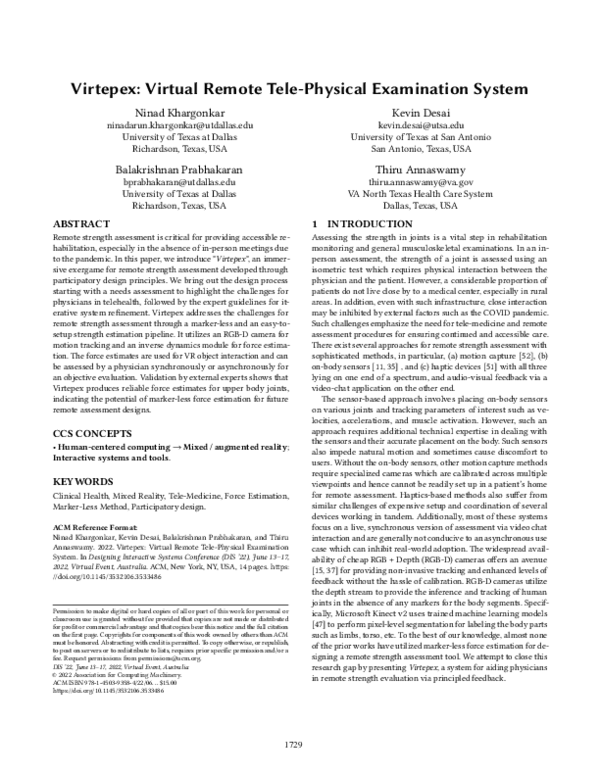(PDF) Virtepex: Virtual Remote Tele-Physical Examination System