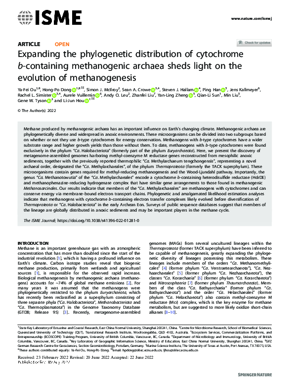 (PDF) Expanding the phylogenetic distribution of cytochrome b-containing methanogenic archaea ...