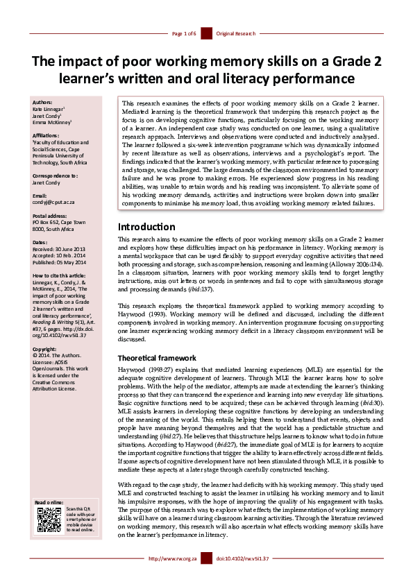 (PDF) The impact of poor working memory skills on a Grade 2 learner’s ...