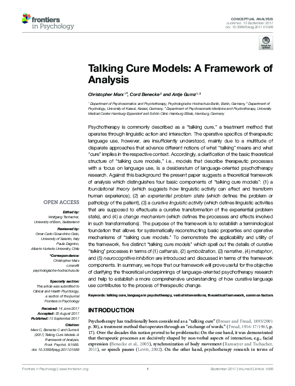 (PDF) Talking Cure Models: A Framework of Analysis