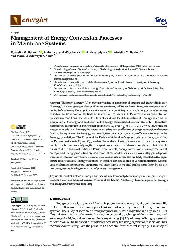 (PDF) Management of Energy Conversion Processes in Membrane Systems