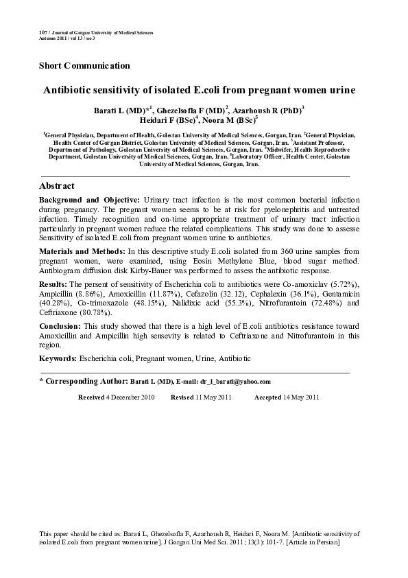 Pdf Antibiotic Sensitivity Of Isolated E Coli From Pregnant Women
