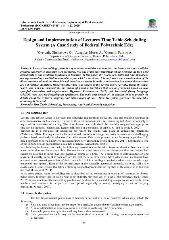 Pdf Design And Implementation Of Lectures Time Table Scheduling