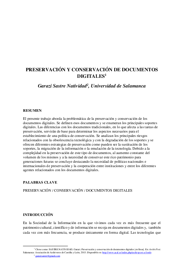 (PDF) Preservación y conservación de documentos digitales
