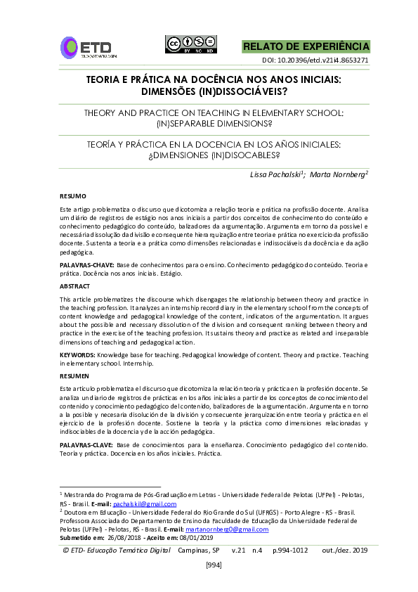 (PDF) Teoria e prática na docência nos anos iniciais