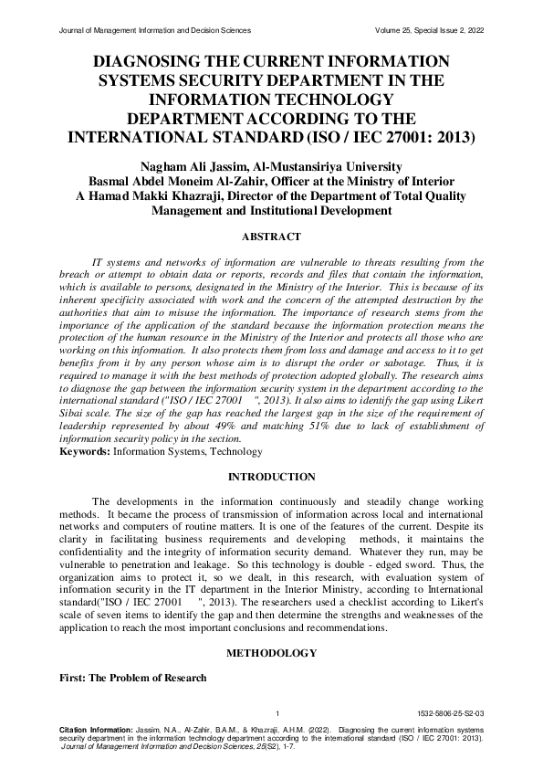 (PDF) DIAGNOSING THE CURRENT INFORMATION SYSTEMS SECURITY DEPARTMENT IN THE INFORMATION ...