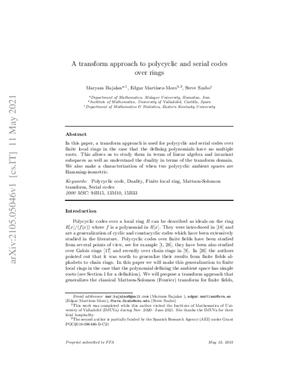 (PDF) A transform approach to polycyclic and serial codes over rings