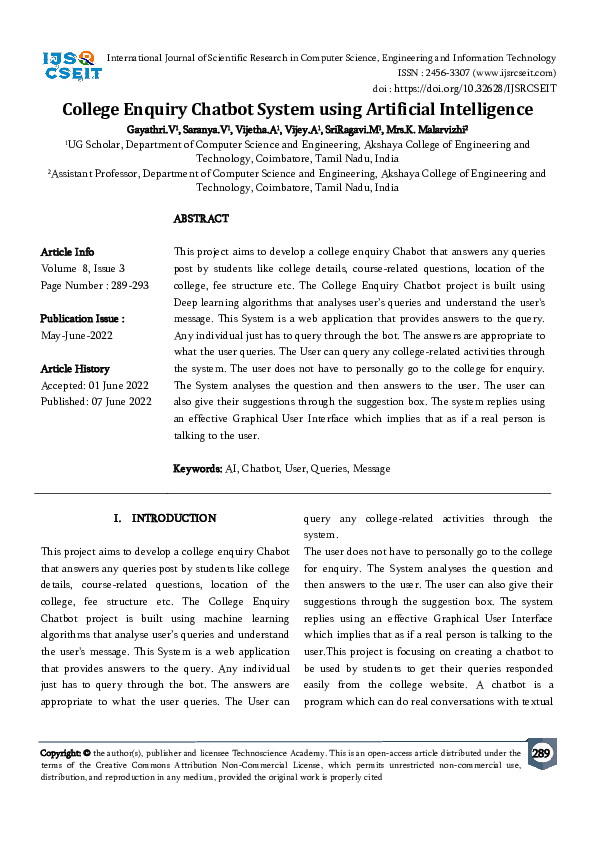 (PDF) College Enquiry Chatbot System using Artificial Intelligence