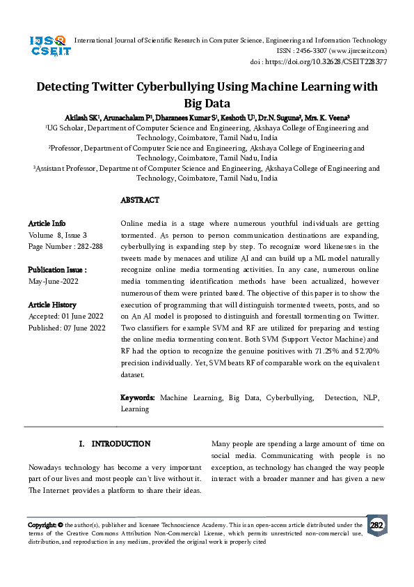 (PDF) Detecting Twitter Cyberbullying Using Machine Learning with Big Data