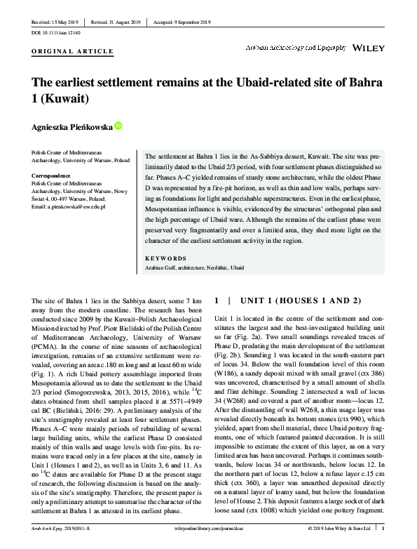 (PDF) The earliest settlement remains at the Ubaid‐related site of ...