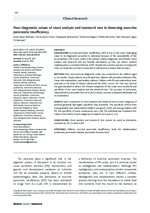 Pdf Poor Diagnostic Values Of Stool Analysis And Steatocrit Test In