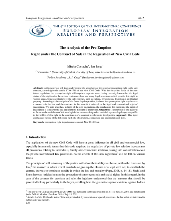 (PDF) The Analysis of the Pre-Emption Right under the Contract of Sale ...