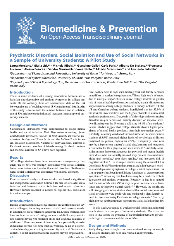 (PDF) Psychiatric Disorders, Social Isolation and Use of Social ...