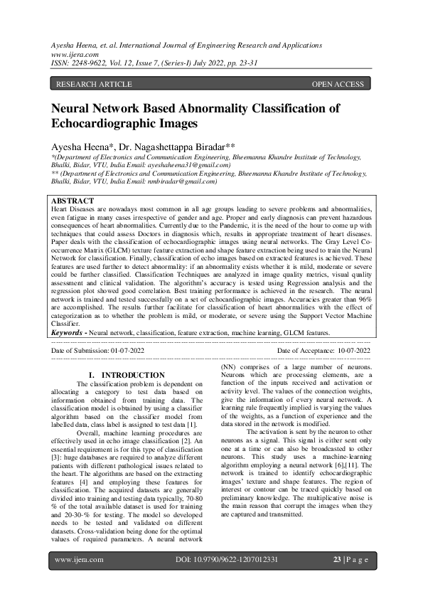 Pdf Neural Network Based Abnormality Classification Of Echocardiographic Images