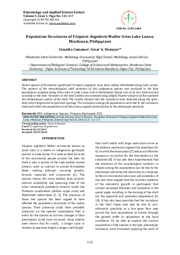 (PDF) Population Structures of Vivipara Angularis Muller from Lake Lanao, Mindanao, Philippines