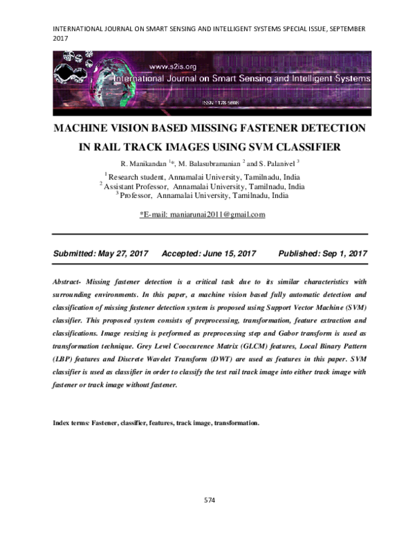 Pdf Machine Vision Based Missing Fastener Detection In Rail Track