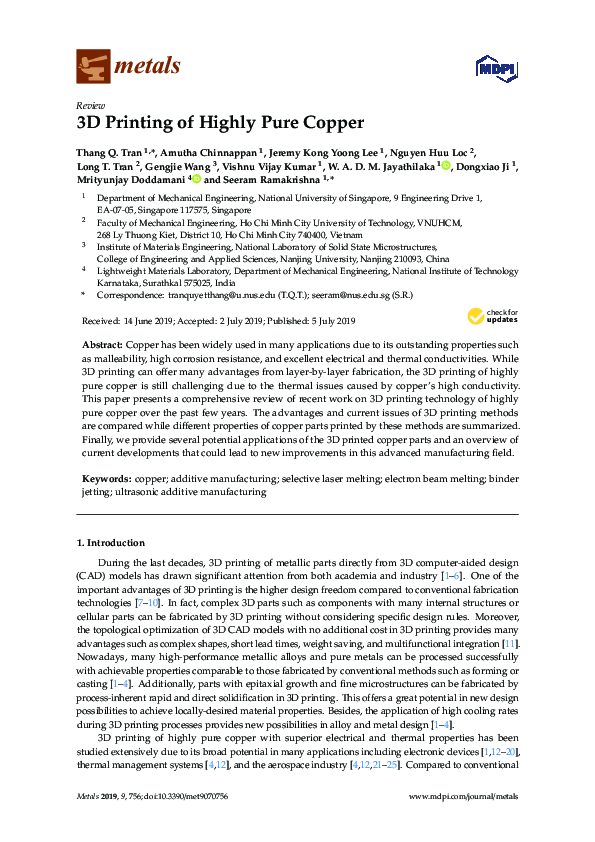 (PDF) 3D Printing of Highly Pure Copper