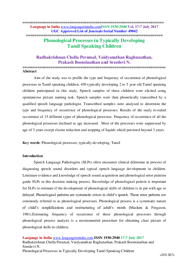 (PDF) Phonological Processes in Typically Developing Tamil Speaking Children